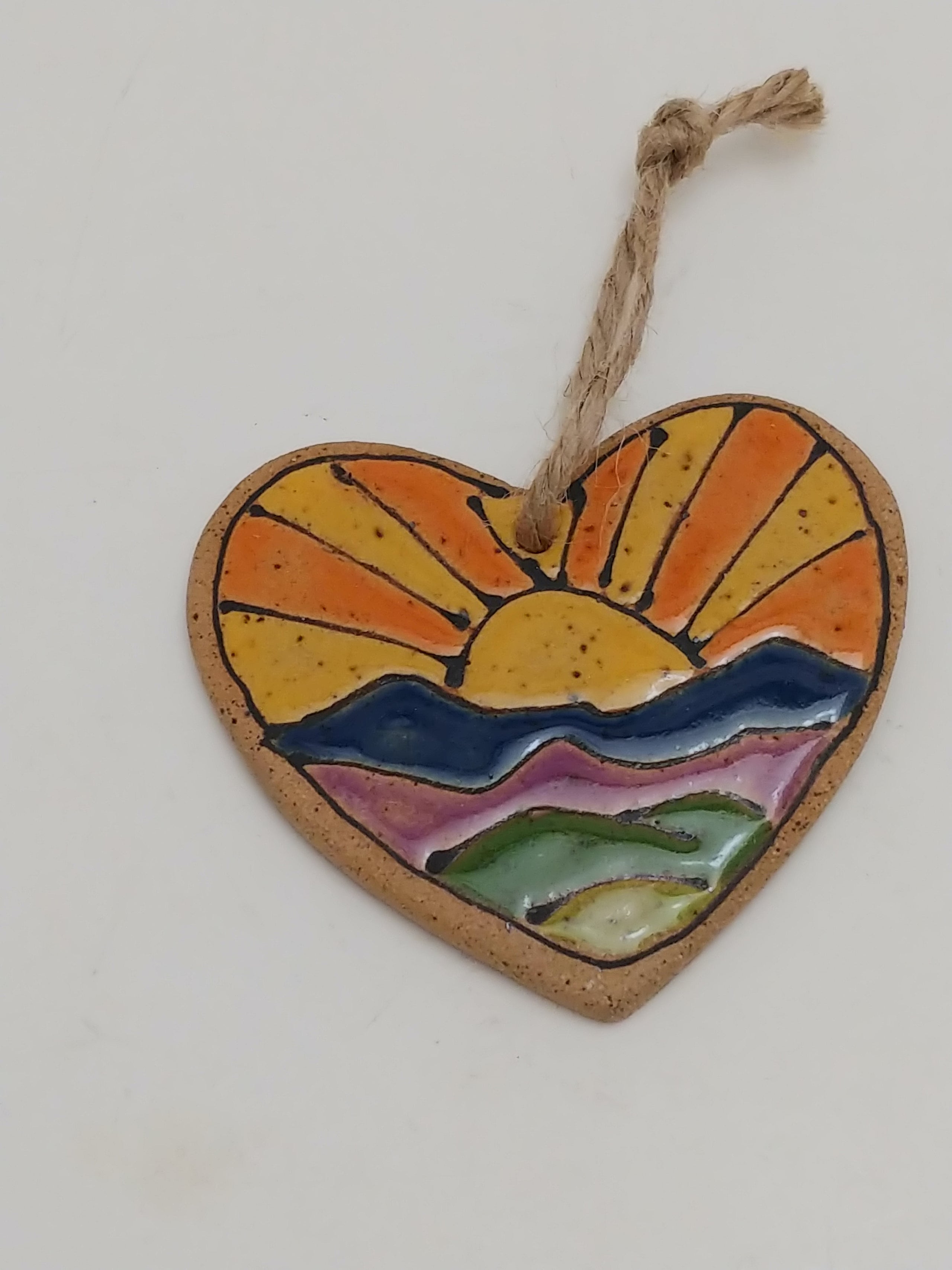 Sunrise mountain heart ornament | Arline J Link Pottery